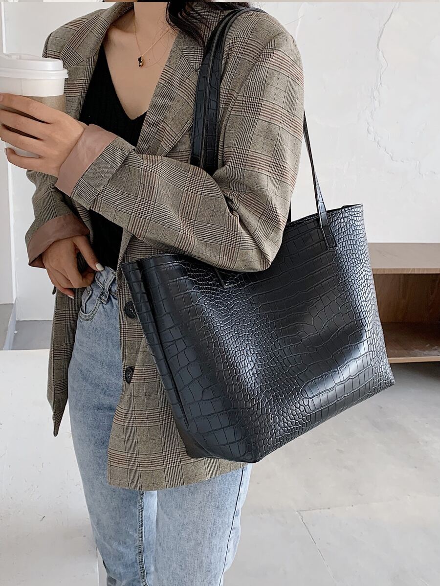 Crocodile Embossed Shoulder Tote Bag With Inner Pouch | SHEIN USA