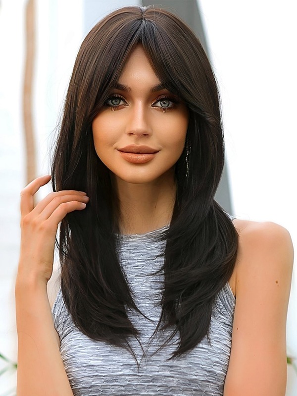 Brown 24-Inch Long Curly Synthetic Wig With Bangs | SHEIN USA