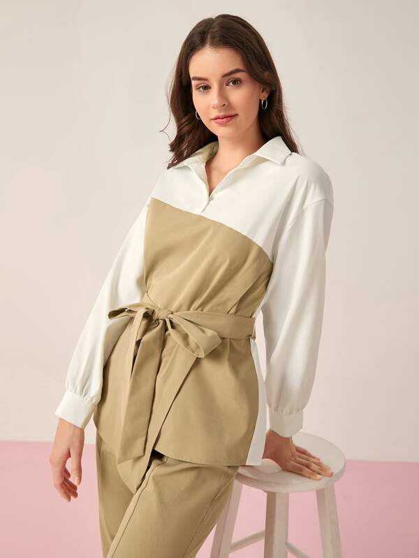 SHEIN Mulvari Pantaloni e Camicia bicolore spalle cadenti con cintura ...