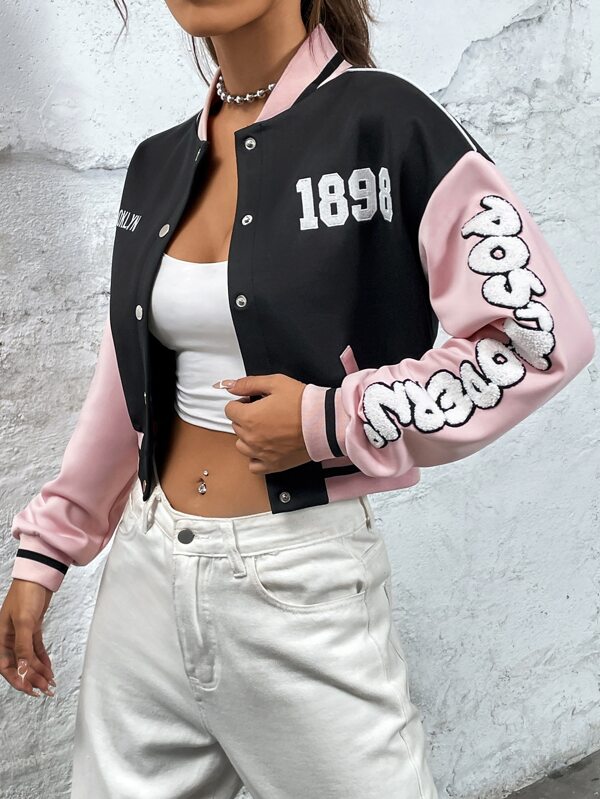 Letter Embroidered Colourblock Drop Shoulder Varsity Jacket | SHEIN UK