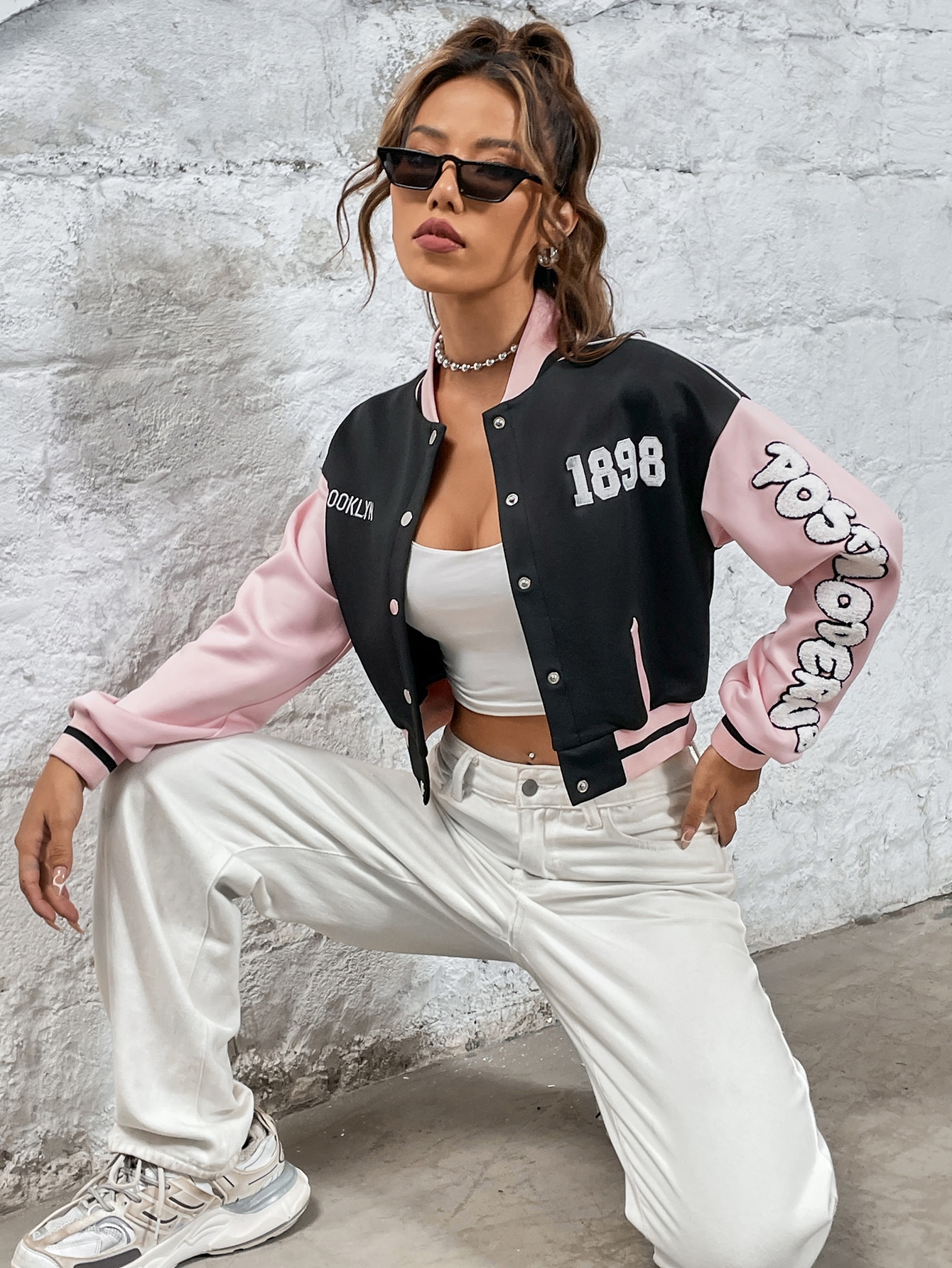 Letter Embroidered Colourblock Drop Shoulder Varsity Jacket Shein Uk