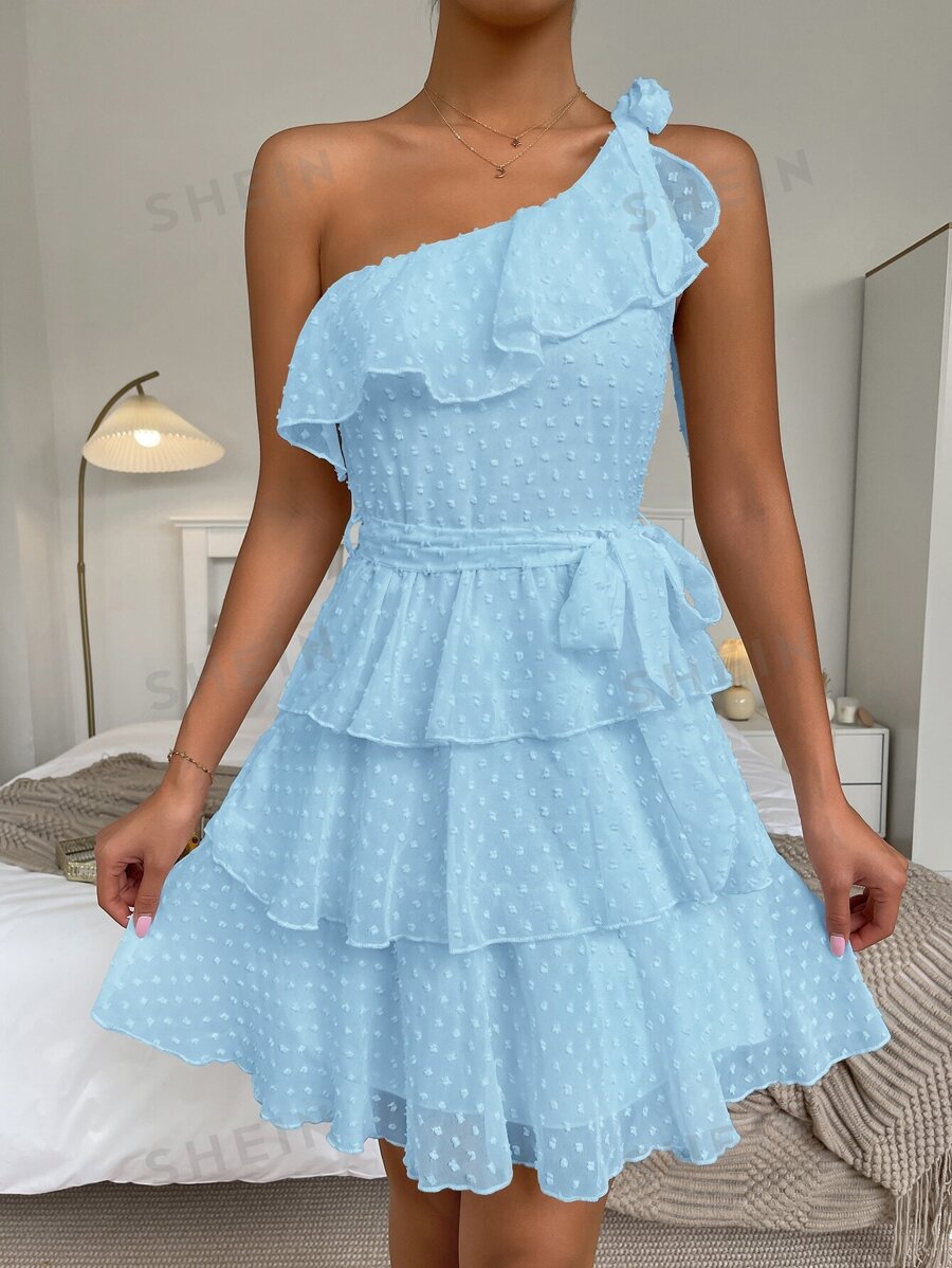 Shein Vcay Swiss Dot One Shoulder Ruffle Trim Layered Hem Belted Dress