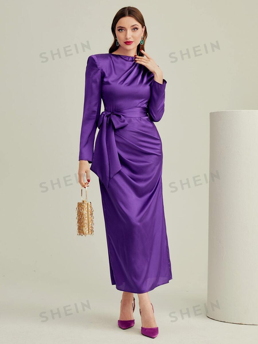SHEIN Modely Solid Belted Satin Dress | SHEIN USA