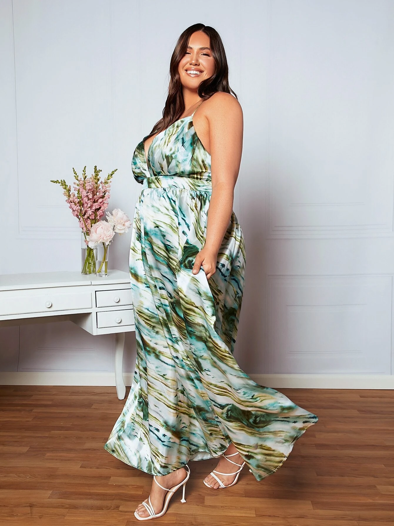 SHEIN Privé Plus Tie Dye Crisscross Backless Satin Slip Dress | SHEIN USA