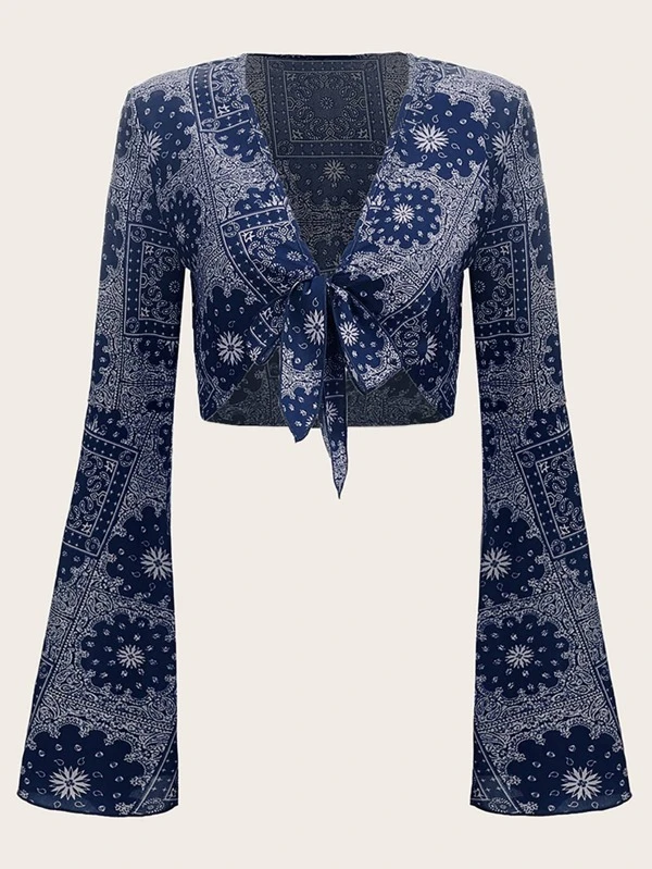 Our Fairycore Scarf Print Tie Front Crop Top is such a vibe - ROMWE