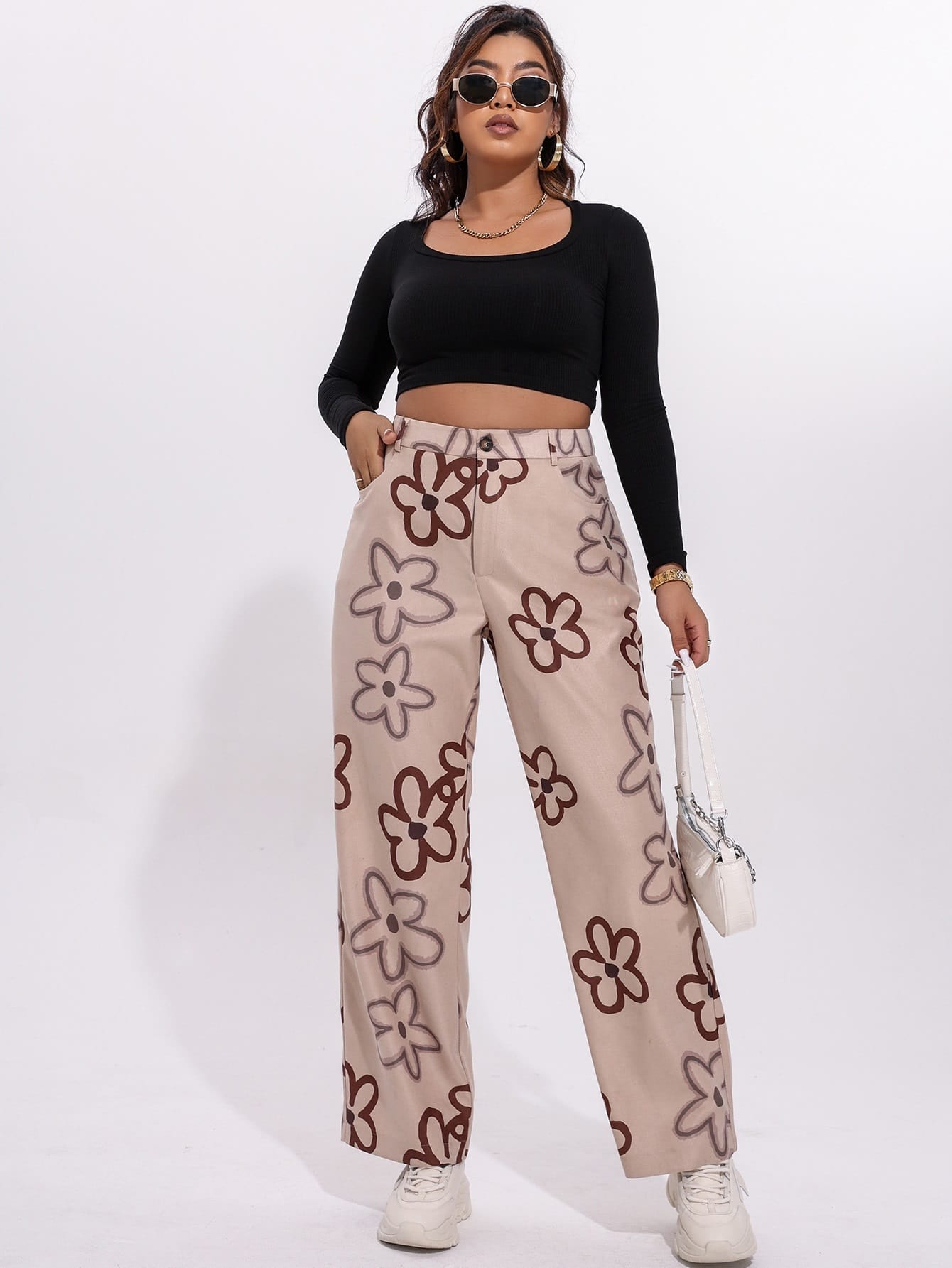 SHEIN Qutie Plus Floral Print Straight Leg Pants | SHEIN USA