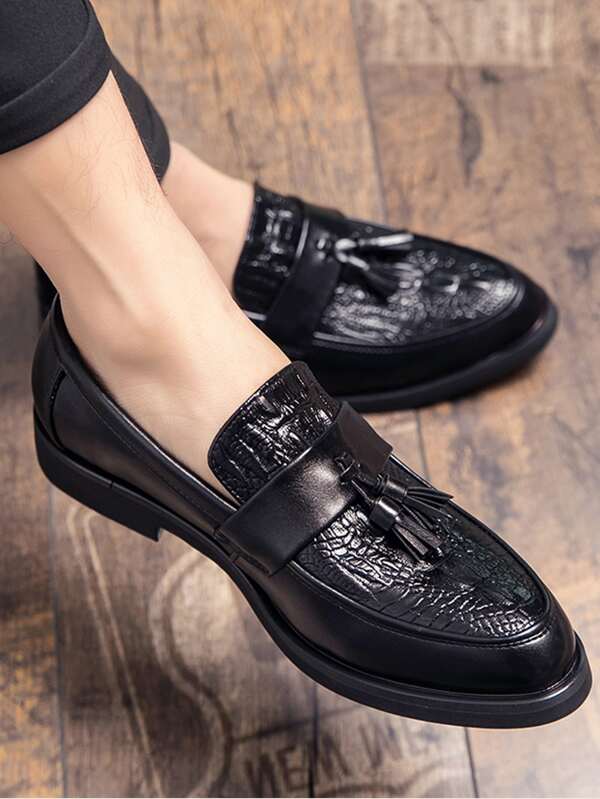 Men Tassel Decor Crocodile Embossed Dress Loafers, Artificial Leather ...