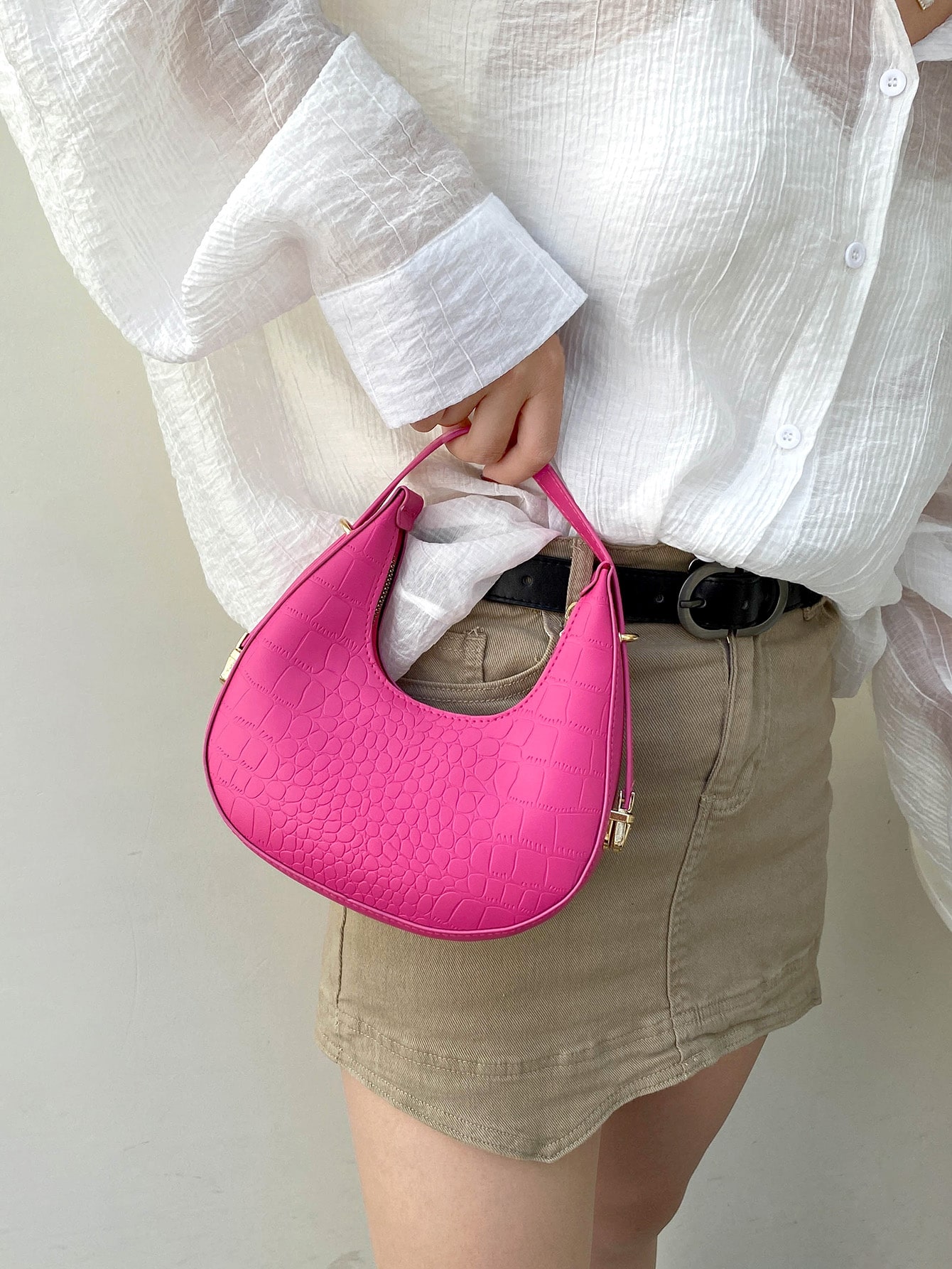 Neon Pink Crocodile Embossed Hobo Bag