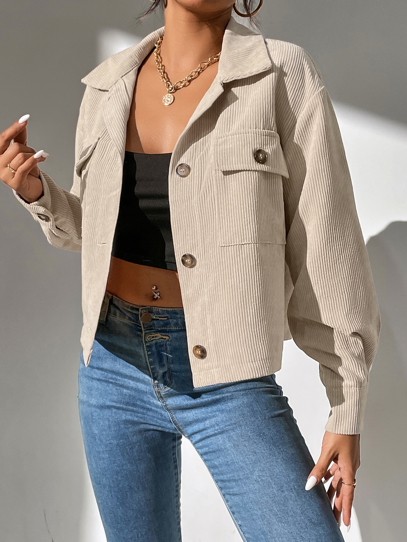 SHEIN PETITE Flap Pocket Drop Shoulder Jacket
