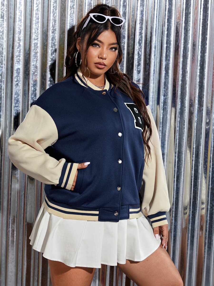 SHEIN EZwear Plus Letter Patched Colourblock Drop Shoulder Varsity Jacket | SHEIN UK