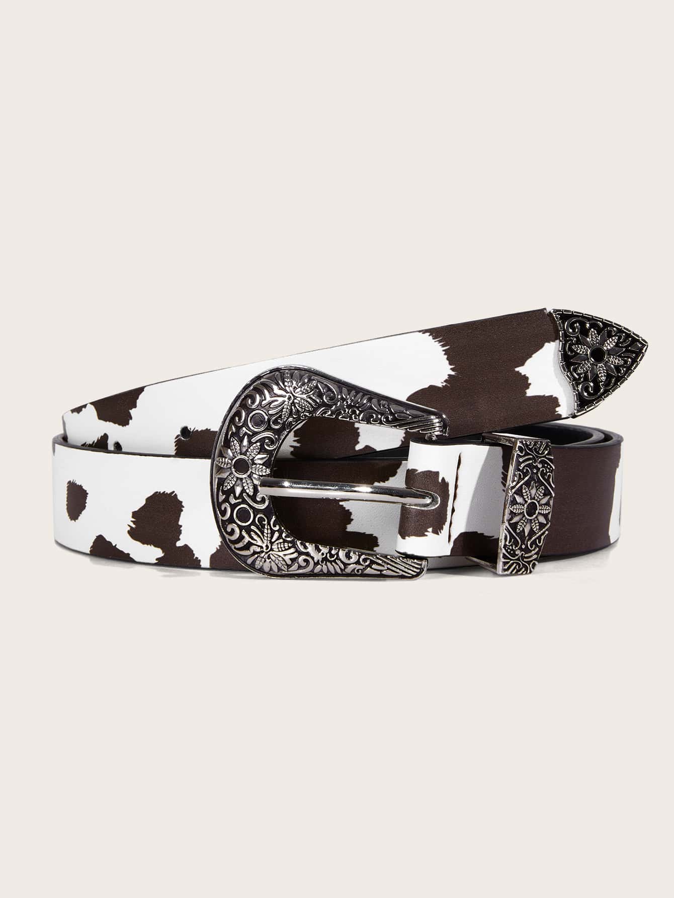 Boho Cow Print Textured Buckle Western Belt Cowgirl PU Belt For Jeans ...