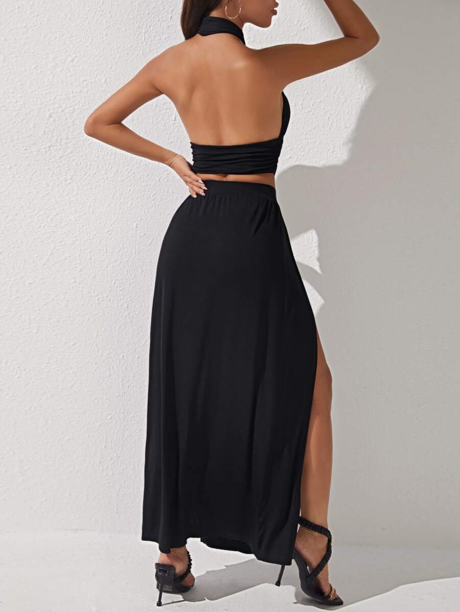 SHEIN PETITE Crisscross Backless Halter Top & Split Thigh Skirt | SHEIN UK