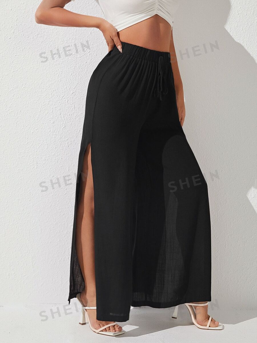 SHEIN PETITE Split Thigh Wide Leg Trousers | SHEIN UK