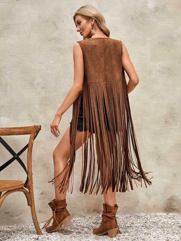 SHEIN VCAY Studded Detail Fringe Hem Vest Coat | SHEIN USA