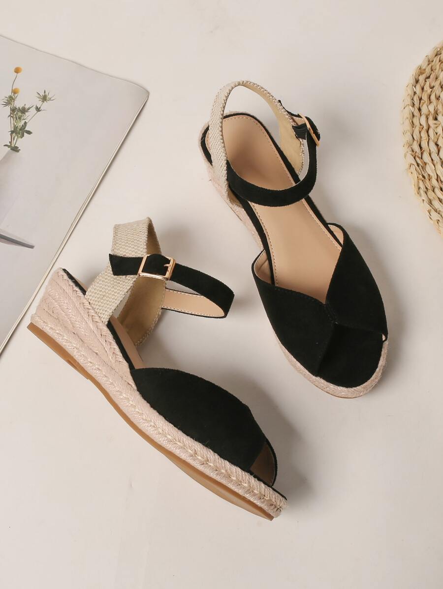 Suedette Espadrille Ankle Strap Wedge Shoes, Molded Sole Roman Sandals ...
