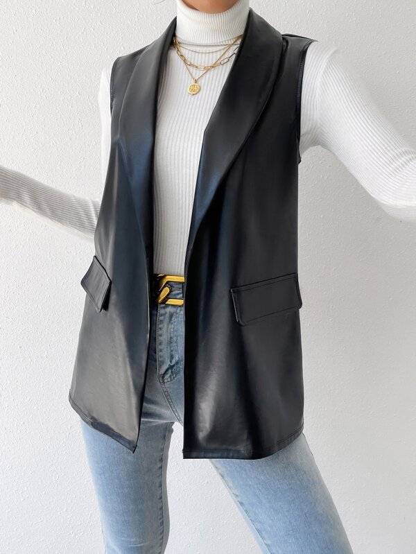 SHEIN BIZwear Blazer chaleco de cuello esmoquin con parte delantera abierta PU ropa de trabajo ...