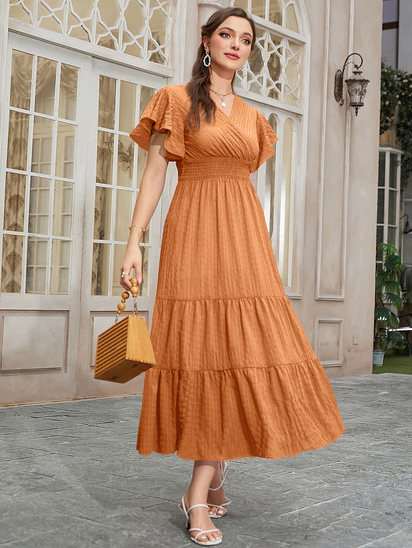 SHEIN Modely Vestidos Manga de Borboleta Malhado Bainha com babado | SHEIN Brasil