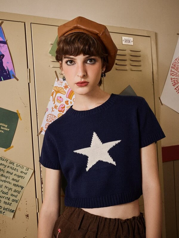 Romwe Fairycore Top De Punto Con Patrón De Estrella Moda De Mujer