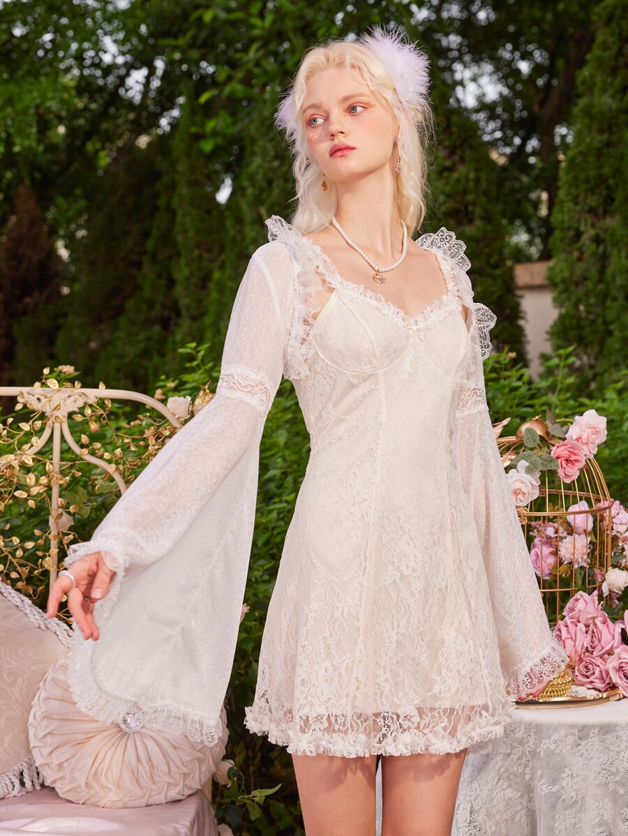 ROMWE Fairycore Contrast Lace Bell Sleeve Top | SHEIN USA