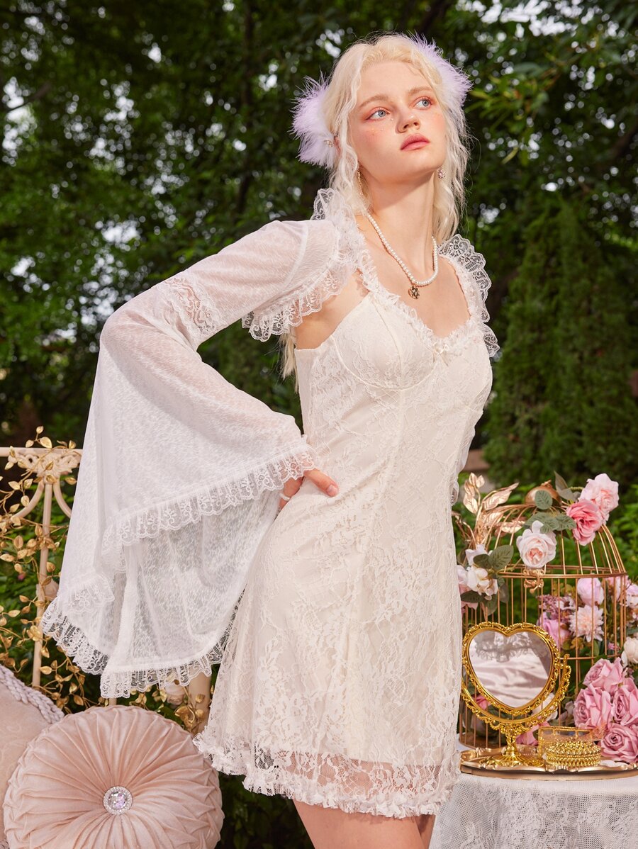 ROMWE Fairycore Contrast Lace Bell Sleeve Top | SHEIN USA