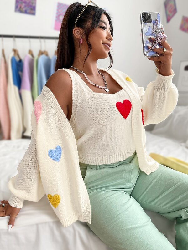 Shein Qutie Plus Heart Pattern Drop Shoulder Duster Cardigan And Knit Top