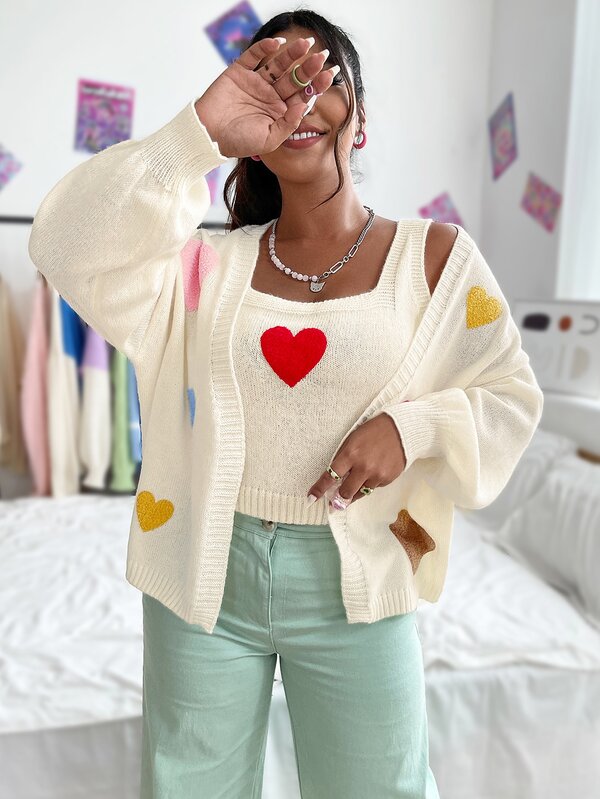 Shein Qutie Plus Heart Pattern Drop Shoulder Duster Cardigan And Knit Top