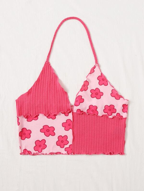 Shein Qutie Daisy Print Lettuce Edge Halter Top Shein In