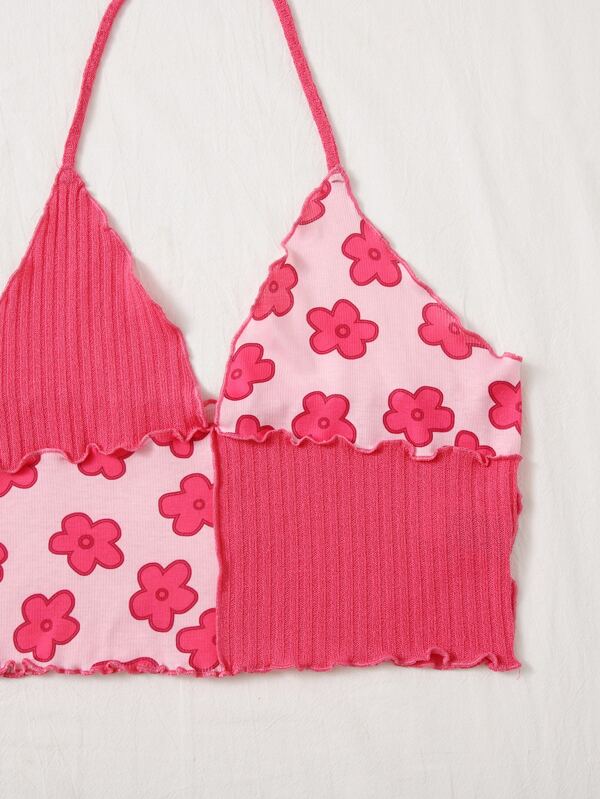 Shein Qutie Daisy Print Lettuce Edge Halter Top Shein Usa