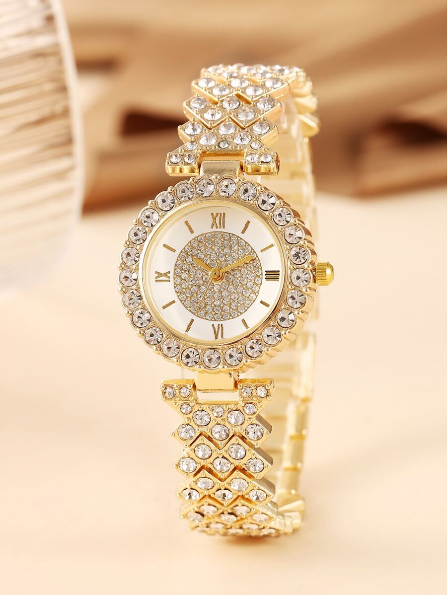 Fashion Trend 1pc Rhinestone Roman Steel Band Quartz Women's Watch As A ...