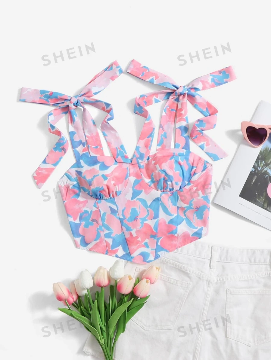SHEIN MOD Top De Flores De Primavera Con Diseño Floral Con Nudo En Los ...