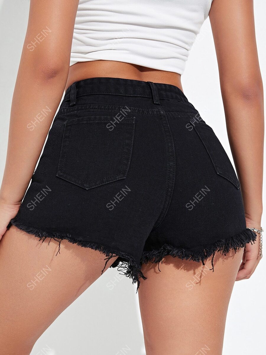 SHEIN EZwear High Waist Ripped Raw Trim Denim Shorts | SHEIN UK