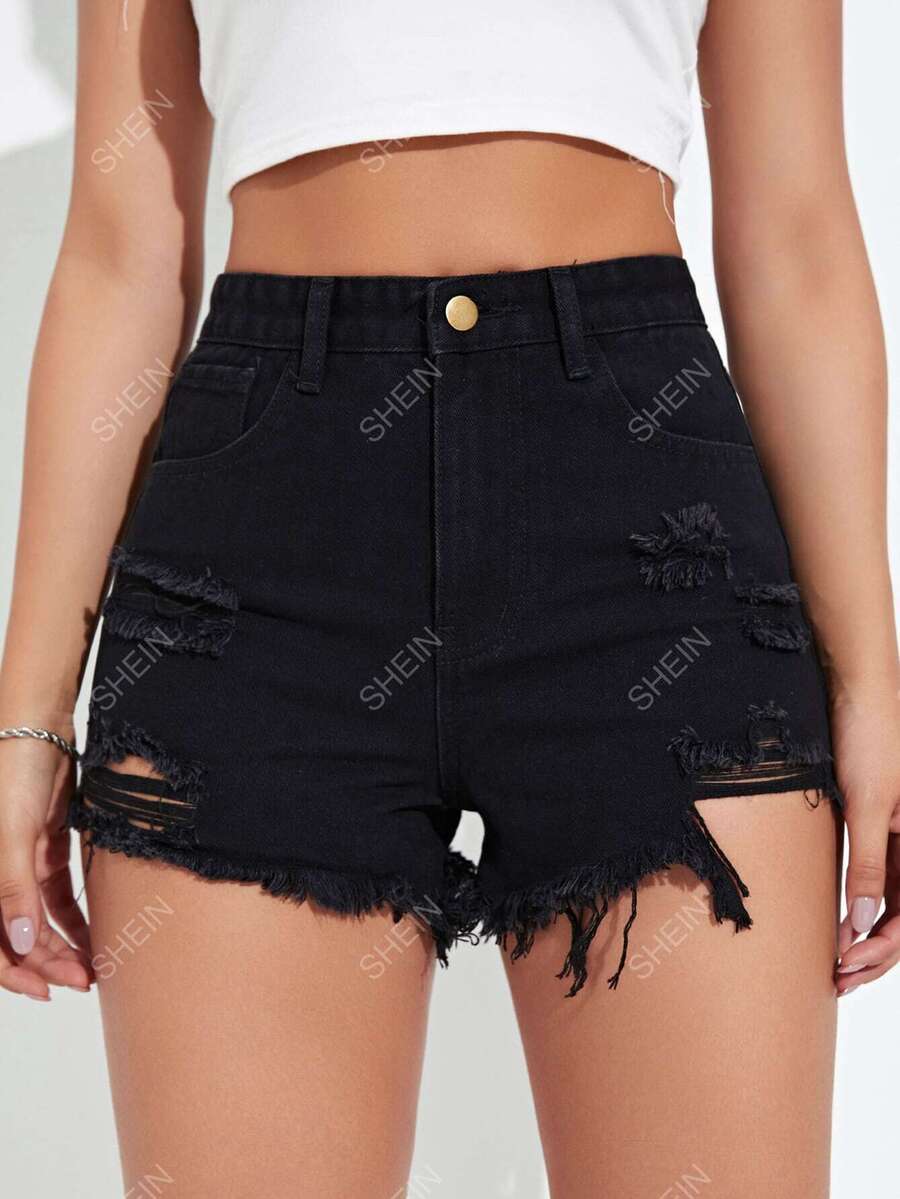SHEIN EZwear High Waist Ripped Raw Trim Denim Shorts | SHEIN UK