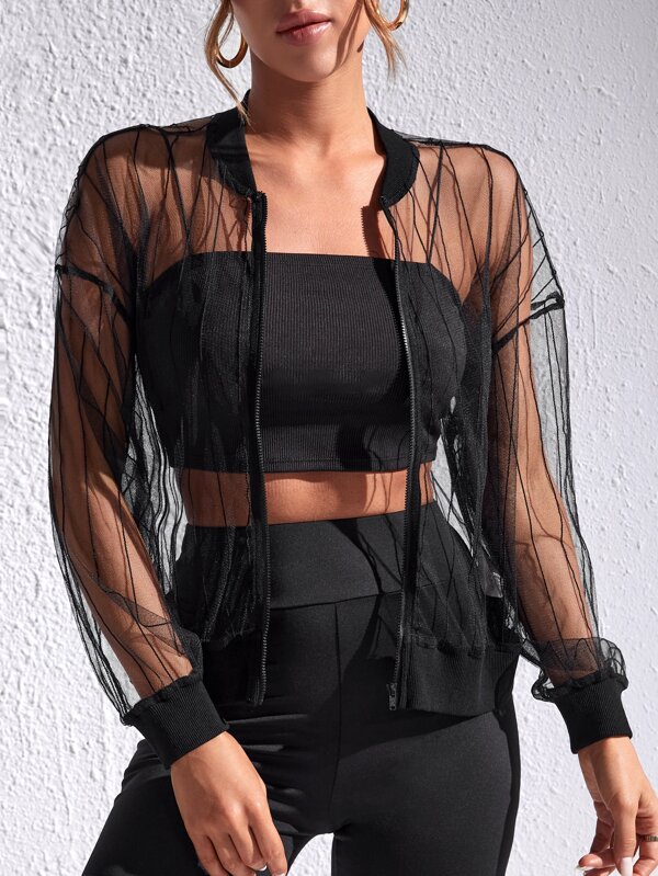 SHEIN Privé Drop Shoulder Sheer Mesh Bomber Jacket | SHEIN UK