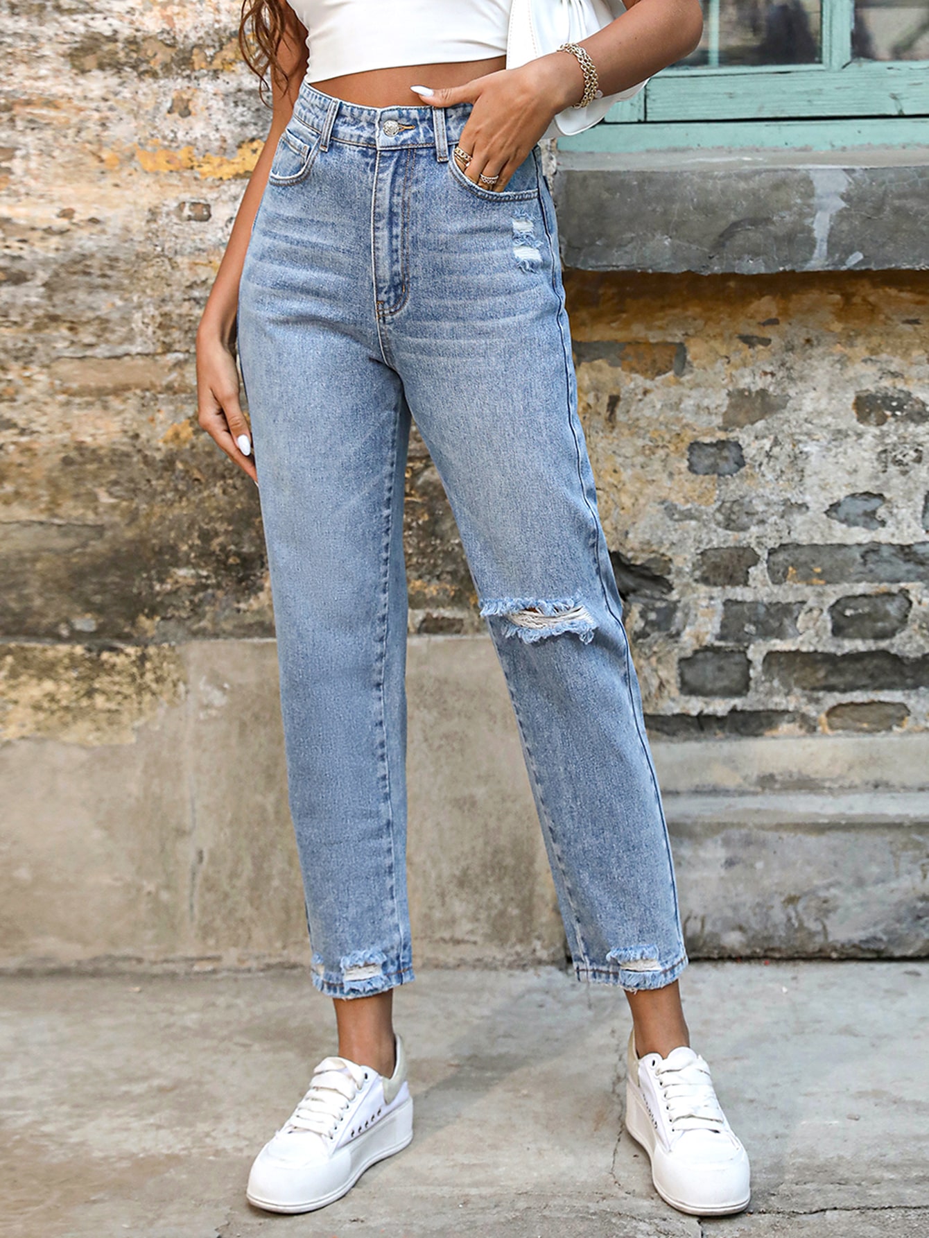 High Waist Ripped Frayed Hem Mom Jeans