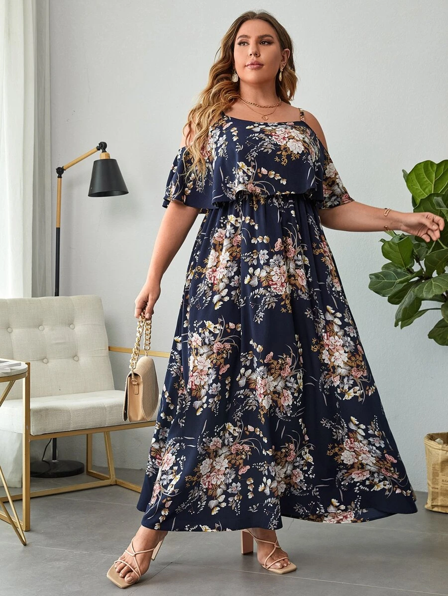 SHEIN LUNE Plus Floral Cold Shoulder Ruffle Trim Dress | SHEIN USA