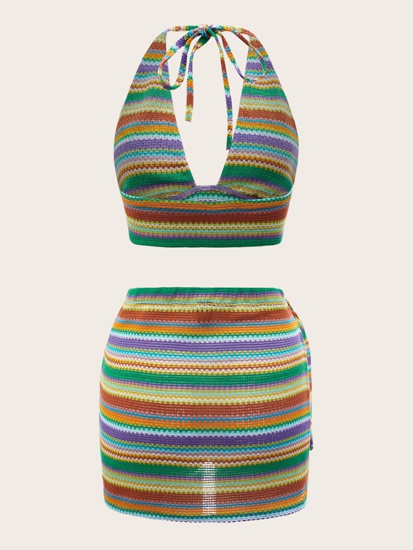 SHEIN WYWH Striped Pattern Halter Top & Wrap Skirt Set | SHEIN USA