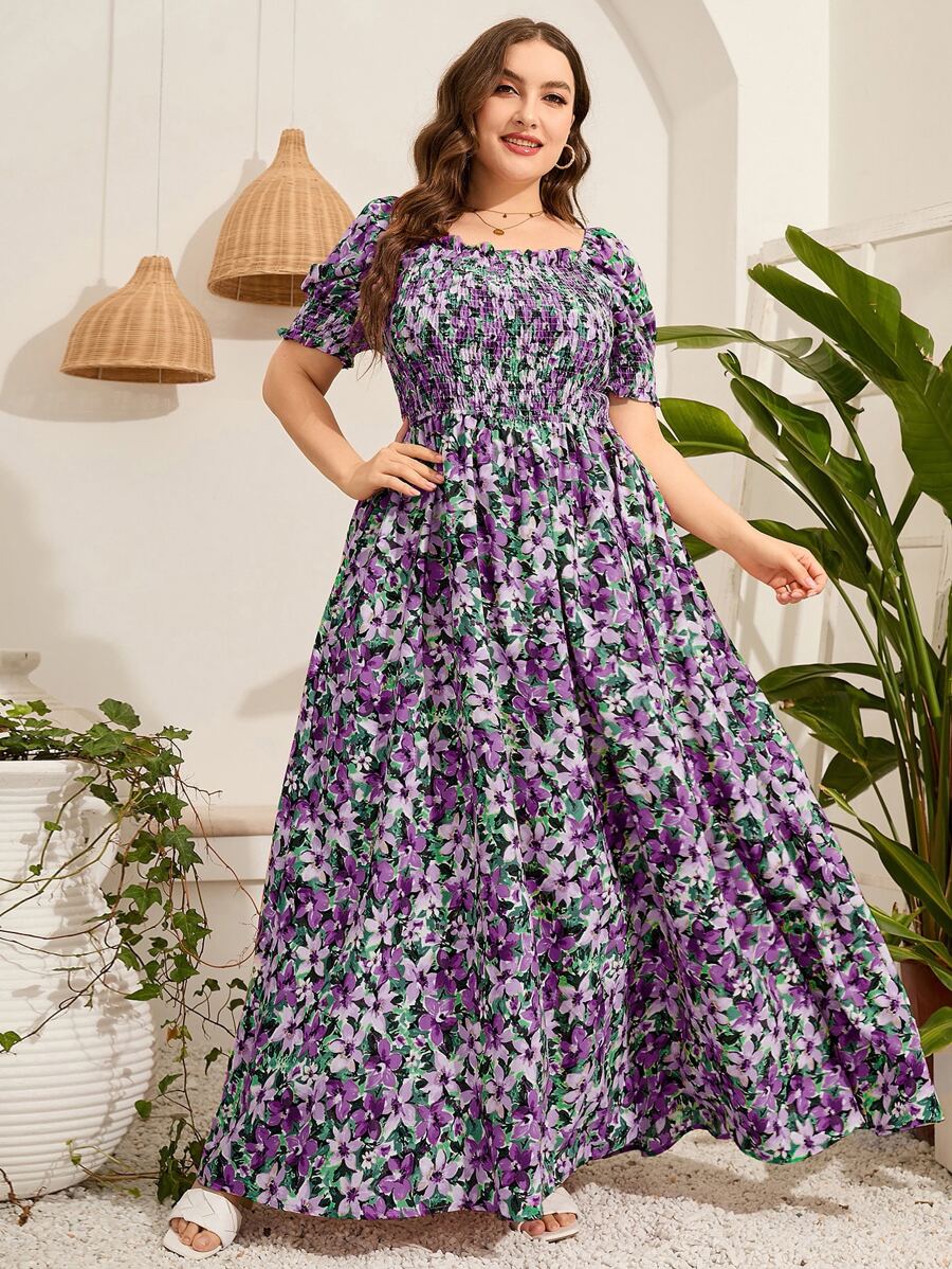 Mulvari Women Plus Allover Floral Print Shirred Frill Trim Puff Sleeve ...