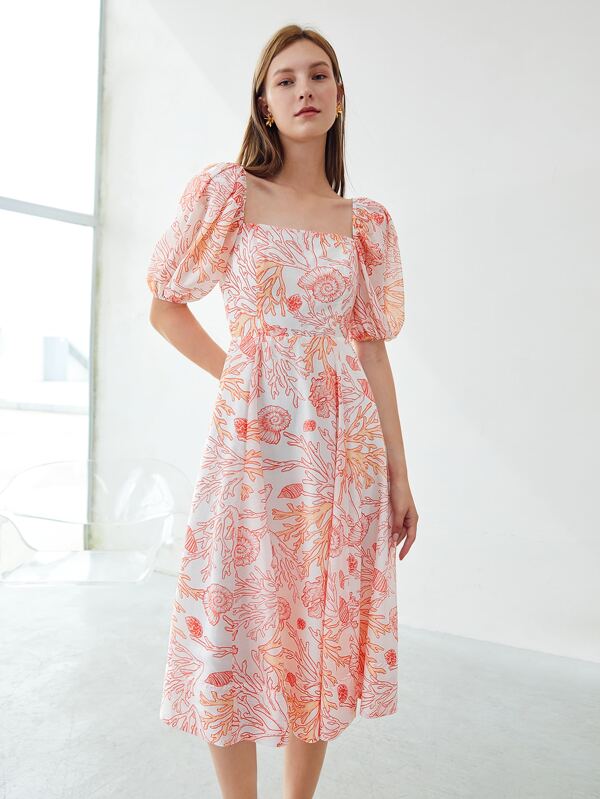 MOTF PREMIUM LINEN CORAL REEF PUFF SLEEVE DRESS | SHEIN USA