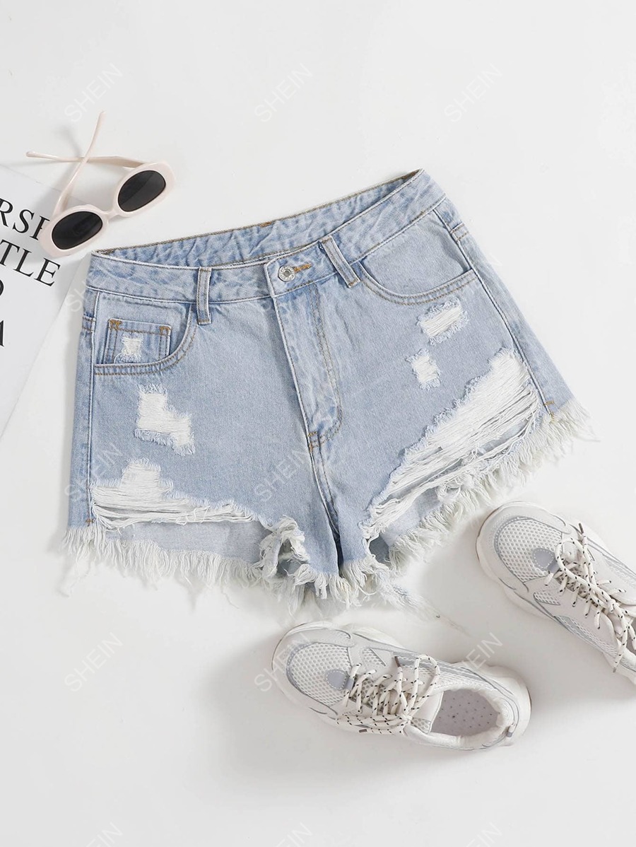 SHEIN Ripped Raw Cut Denim Shorts | SHEIN UK