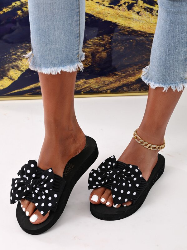 Women Polka Dot Bow Decor Slides, Fashionable Open Toe Flat Slides ...