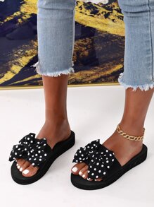 Women Polka Dot Bow Decor Slides, Fashionable Open Toe Flat Slides ...