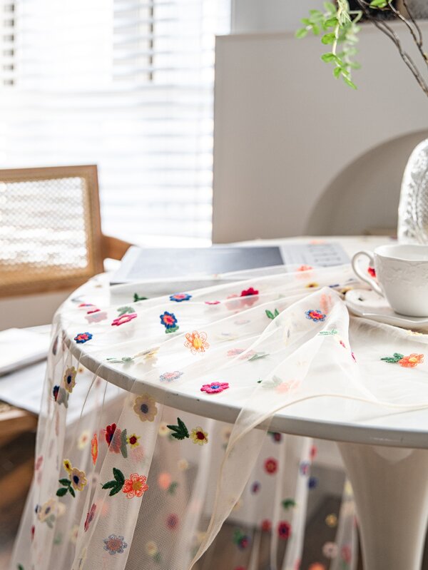 1pc Flower Embroidered Tablecloth, Mesh Table Cover For Dining Room ...
