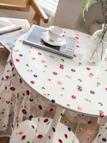 1pc Flower Embroidered Tablecloth, Mesh Table Cover For Dining Room ...
