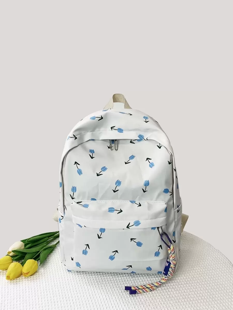 Floral Print Functional Backpack With Bag Charm School Bag For Graduate ...