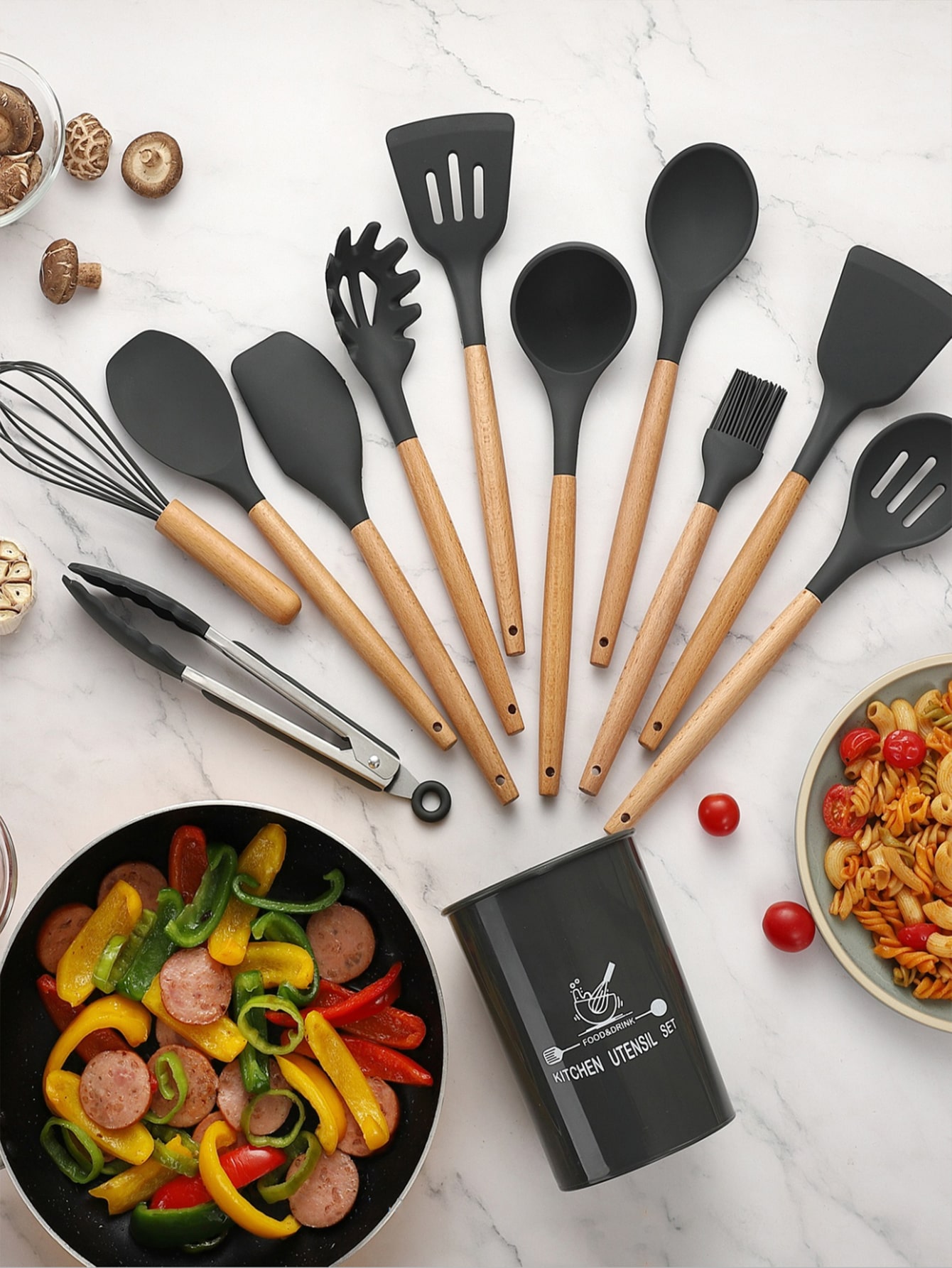 11pcs Silicone Cooking Utensil & 1pc Storage Bucket