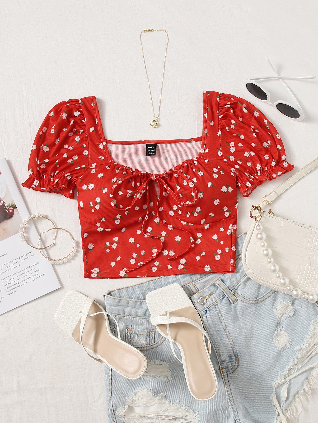 Shein Wywh Puff Sleeve Tie Front Ditsy Floral Top Shein Usa