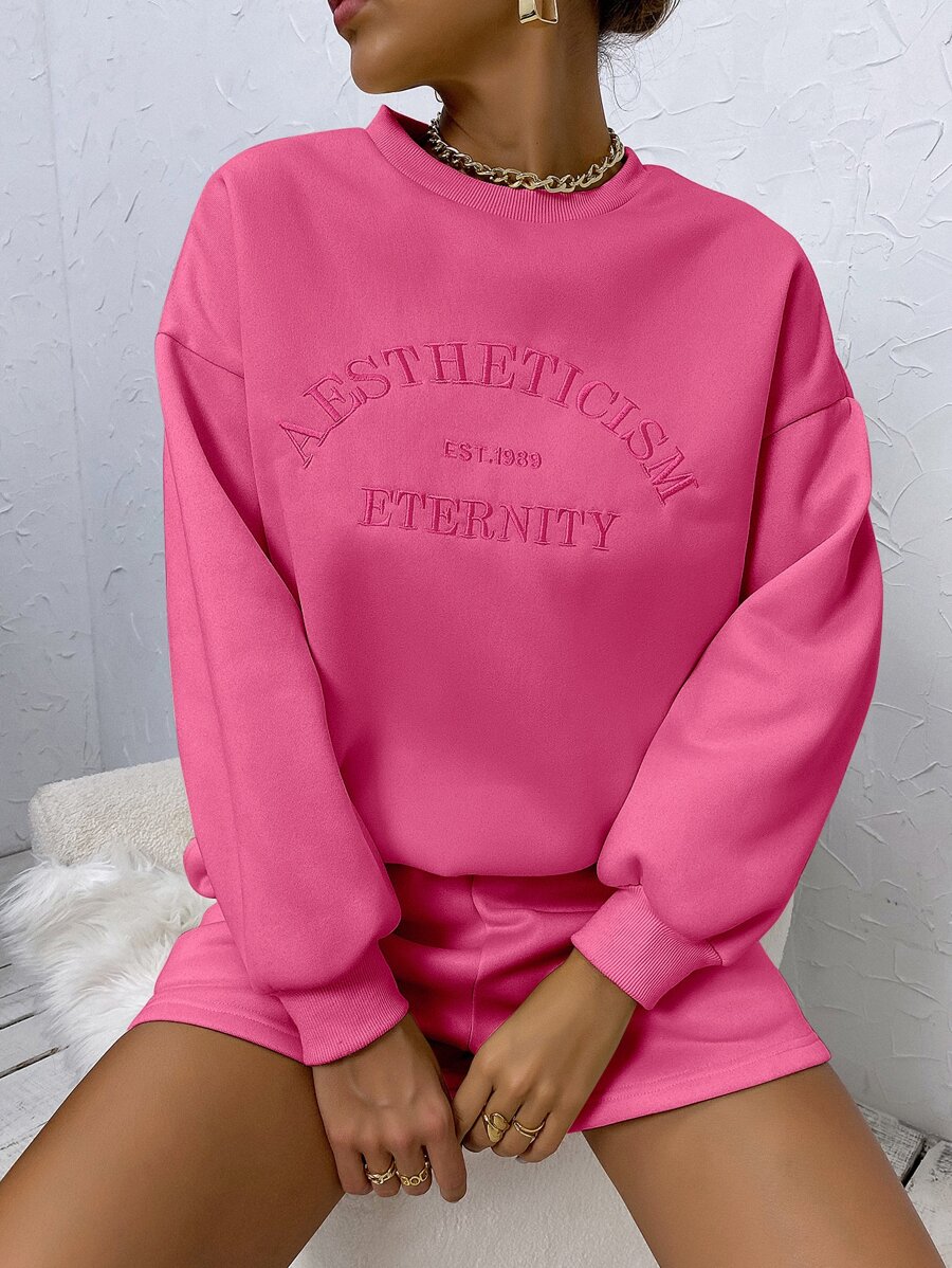 Letter Embroidery Drop Shoulder Sweatshirt And Shorts Shein Usa