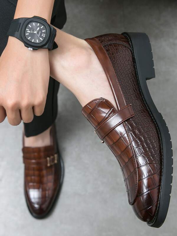 Men Crocodile Embossed Buckle Decor Monk Strap Dress Shoes Formal Shoes ...