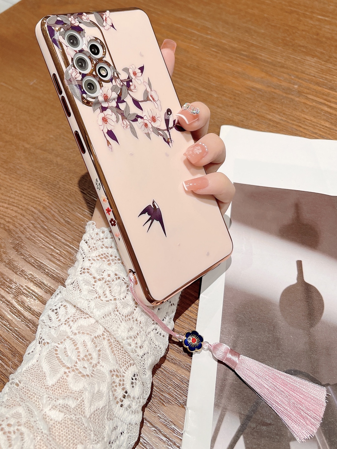 Flower & Bird Phone Case With Tassel Pendant