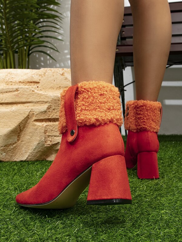 Fuzzy Panel Side Zip Chunky Heeled Suedette Classic Boots | SHEIN USA